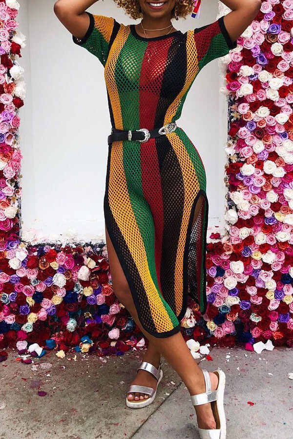 Lovely Casual Side High Slit Multicolor Mid Calf Dress_Dresses ... Lovely Casual Side High Slit Multicolor Mid Calf Dress_Dresses ...