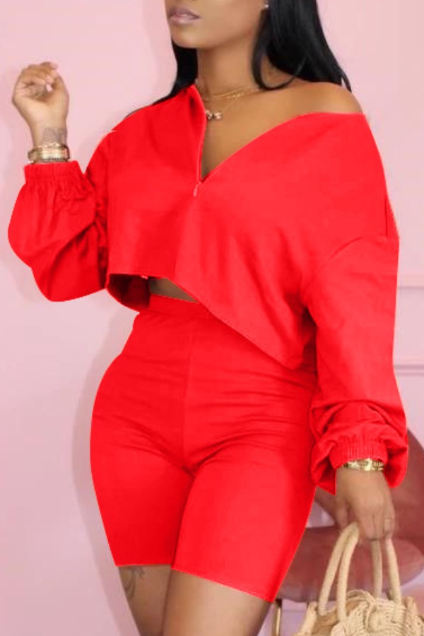 Lovely Casual Zipper Design Red Two-piece Shorts Set_Two-piece Shorts ...