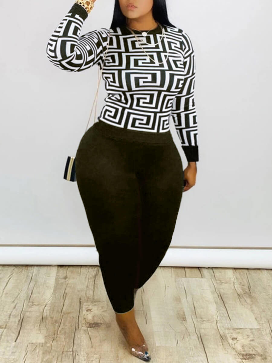 LW Plus Size Round Neck Geometric Print Pants Set Sale | LovelyWholesale