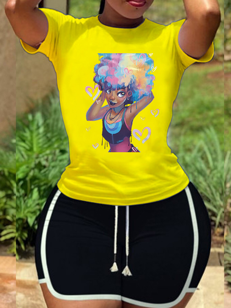 LW Sporty Graffiti Print Striped Drawstring Yellow Two Piece Shorts Set ...