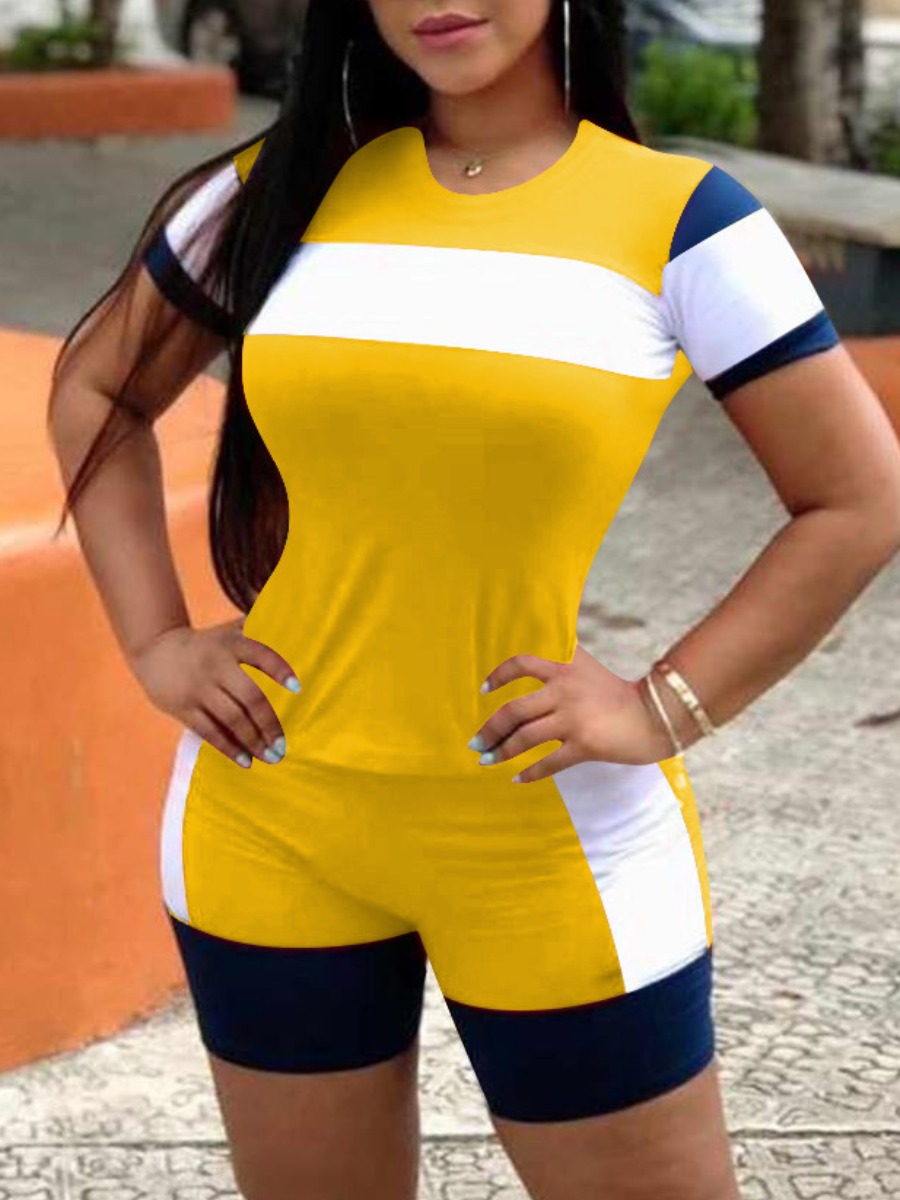 LW Street O Neck Color-lump Yellow Two Piece Shorts Set Sale ...