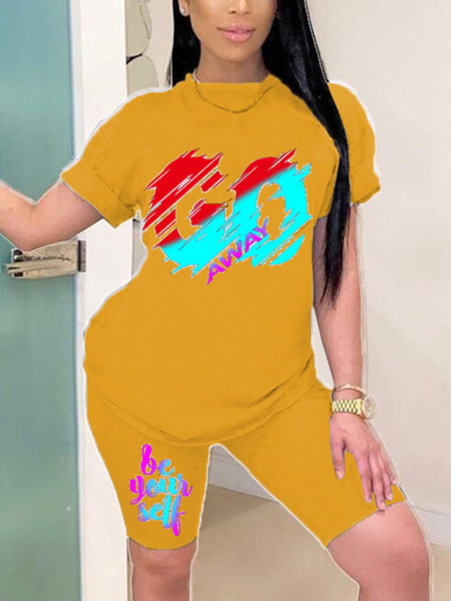 Lovely Casual Letter Print Patchwork Yellow Two Piece Shorts Set Sale ...