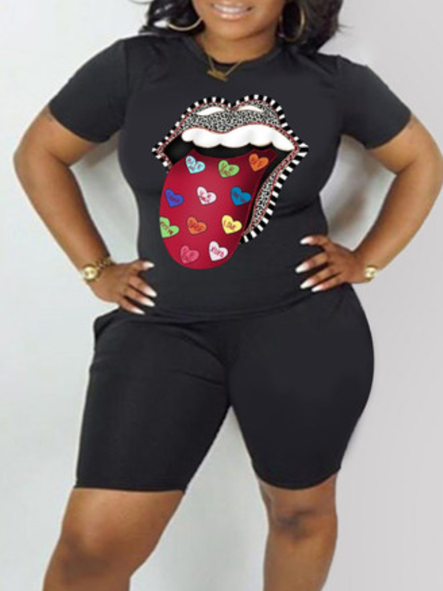 LW Plus Size Heart Lip Print Shorts Set Sale | LovelyWholesale