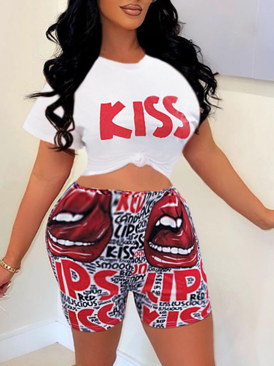 LW Letter Lip Print Shorts Set Sale | LovelyWholesale