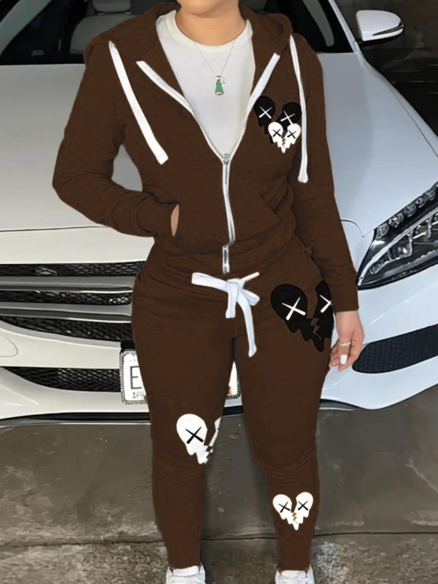 LW Heart Print Kangaroo Pocket Tracksuit Set Sale | LovelyWholesale