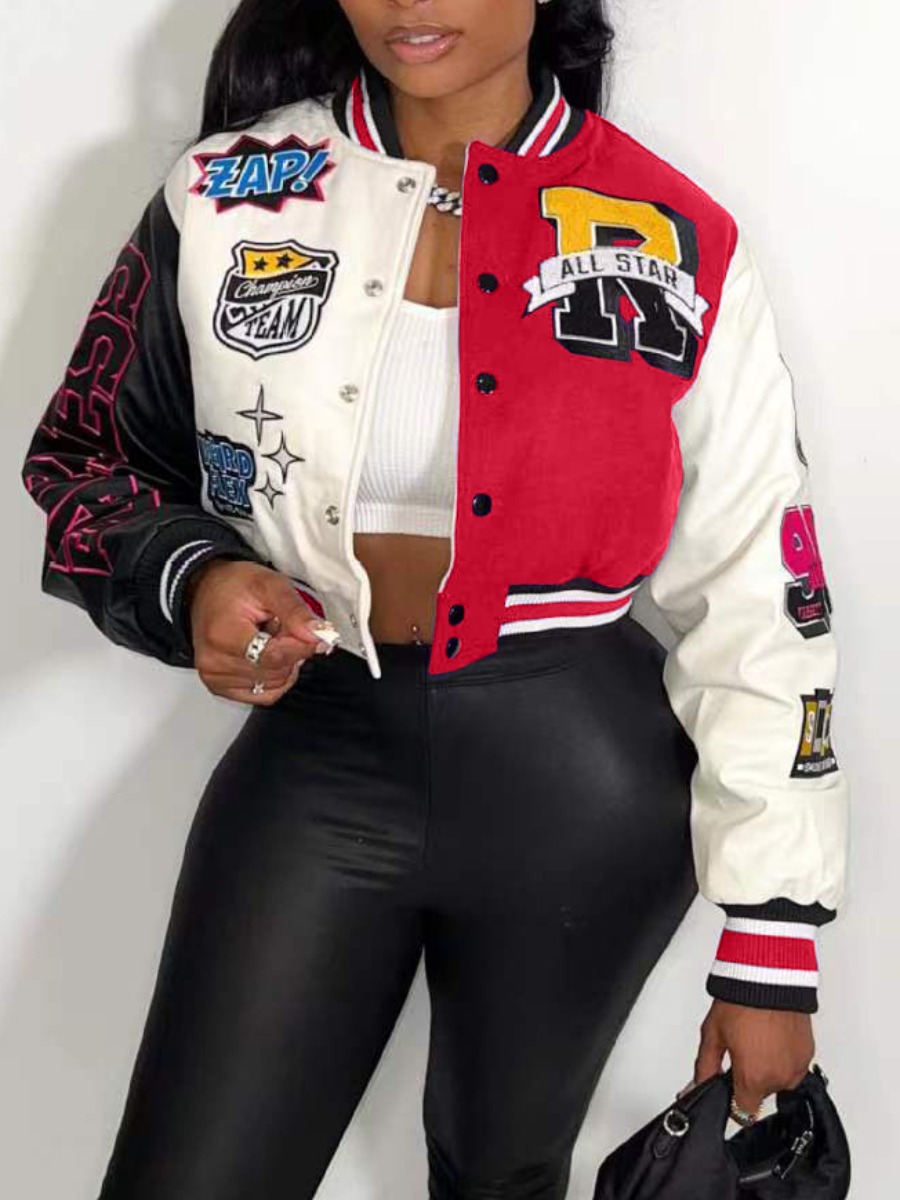 LW Plus Size Letter Print Patchwork Varsity Jacket Sale | LovelyWholesale