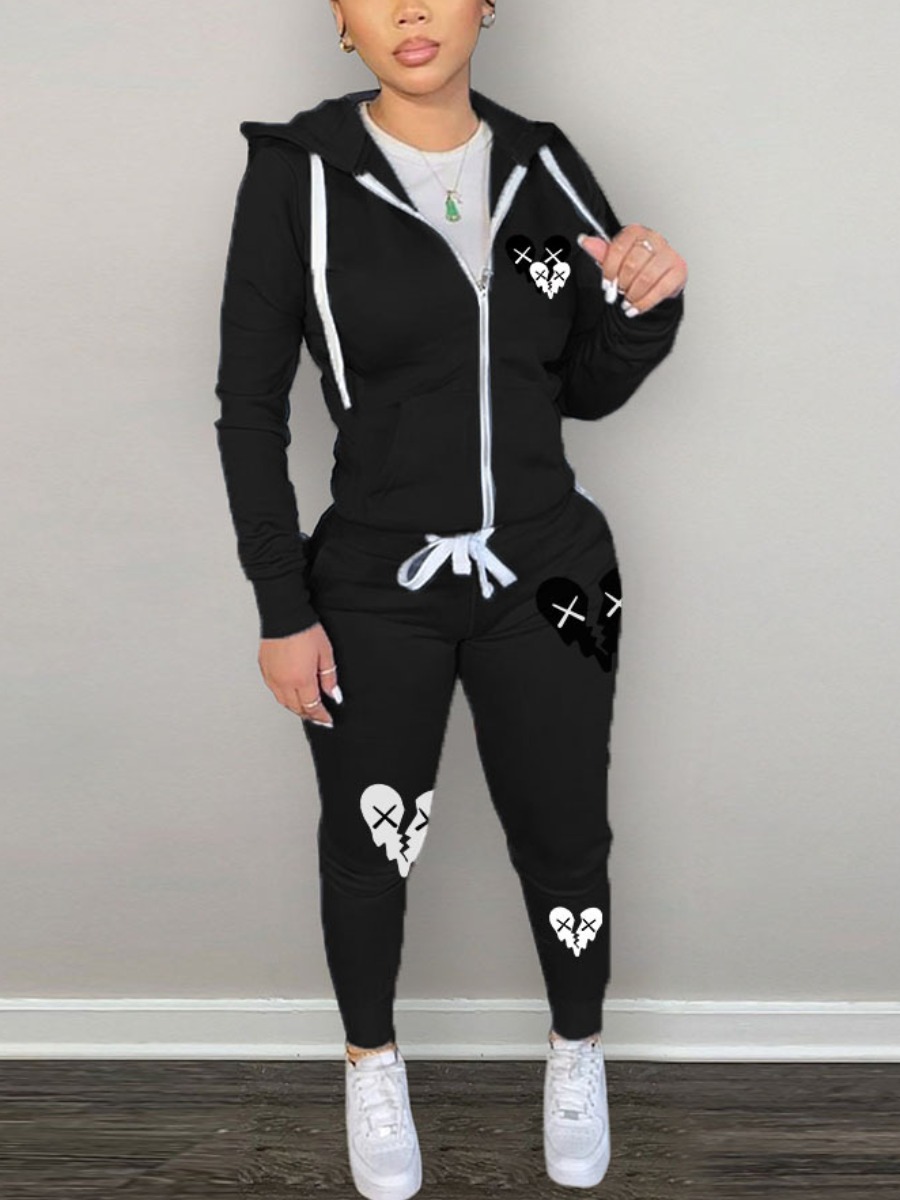 LW Heart Print Kangaroo Pocket Tracksuit Set Sale | LovelyWholesale