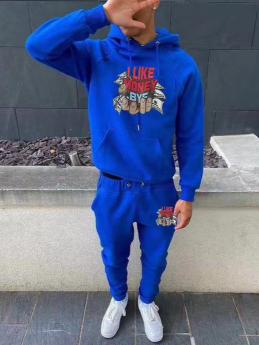 LW Men Money Letter Print Kangaroo Pocket Tracksuit Set Sale ...