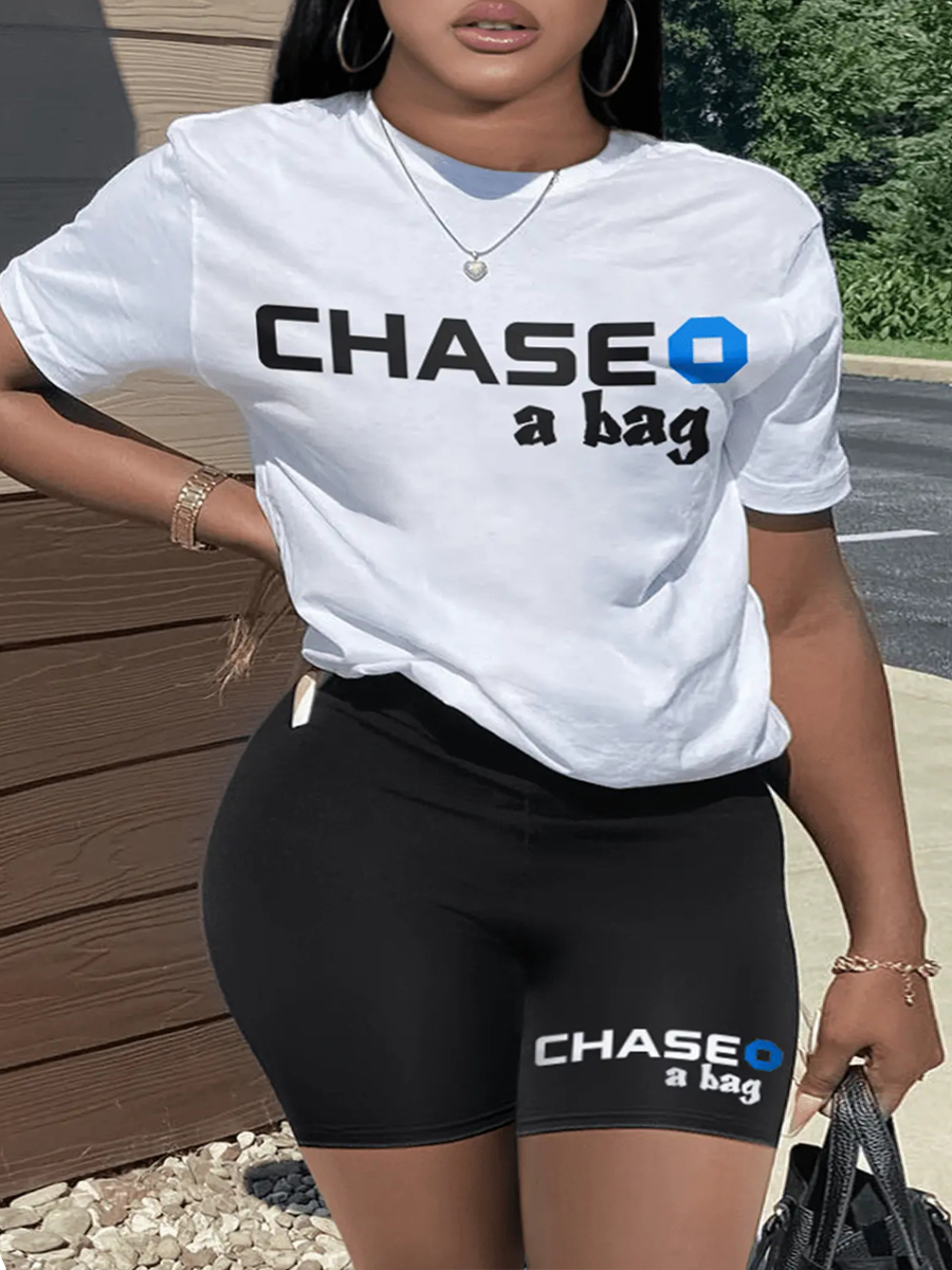 LW Plus Size Chase A Bag Letter Print Shorts Set Sale | LovelyWholesale
