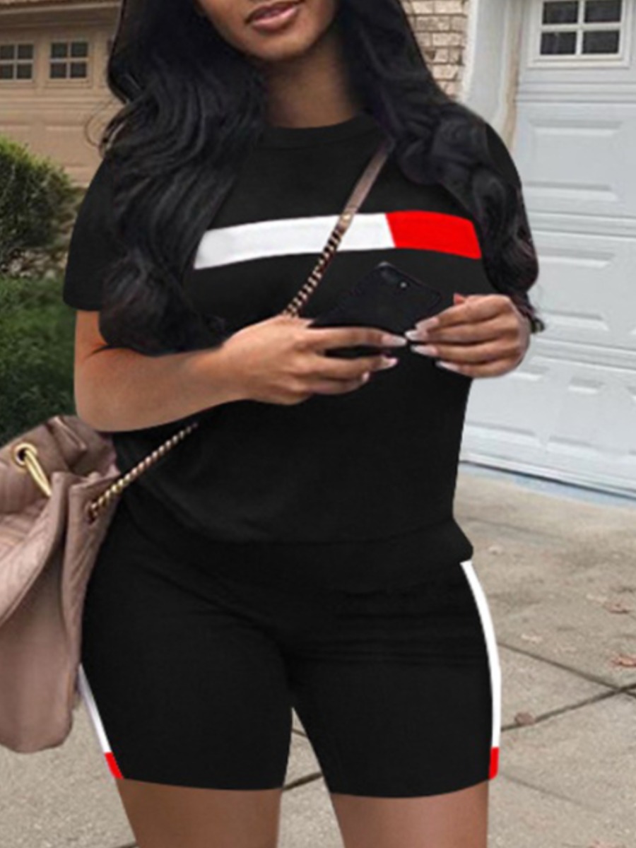 LW Plus Size Round Neck Patchwork Skinny Shorts Set Sale | LovelyWholesale