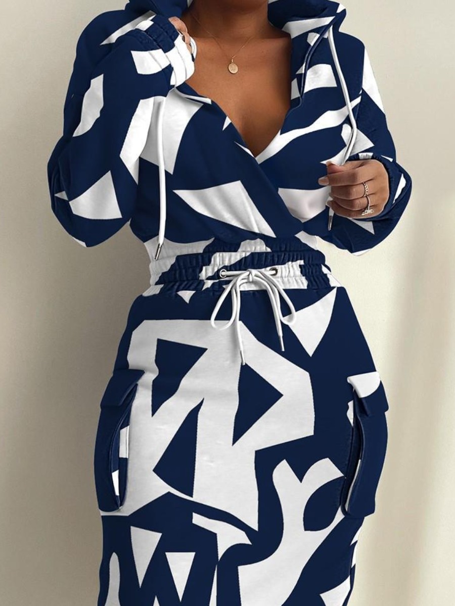 LW Geometric Print Side Pocket Drawstring Dress Sale | LovelyWholesale