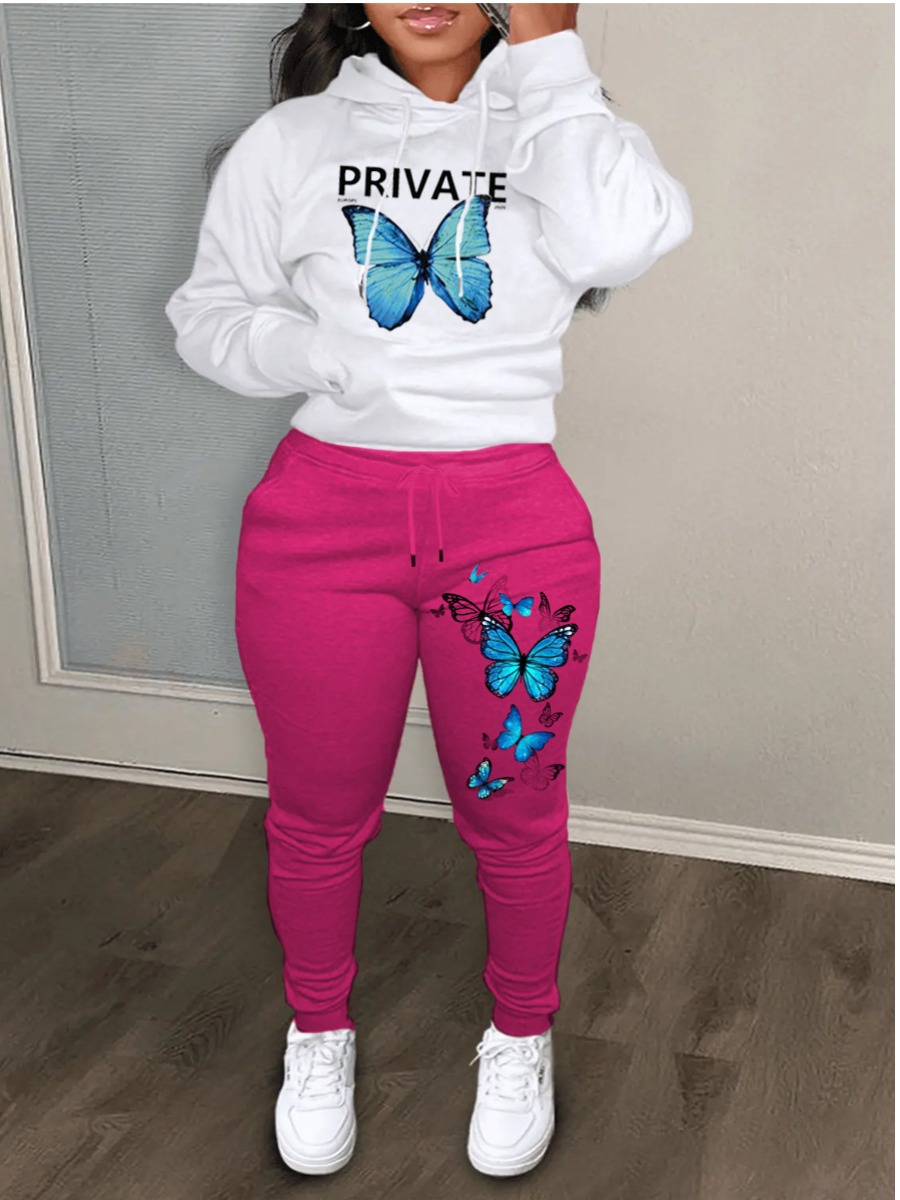 LW Butterfly Letter Print Kangaroo Pocket Tracksuit Set Sale ...